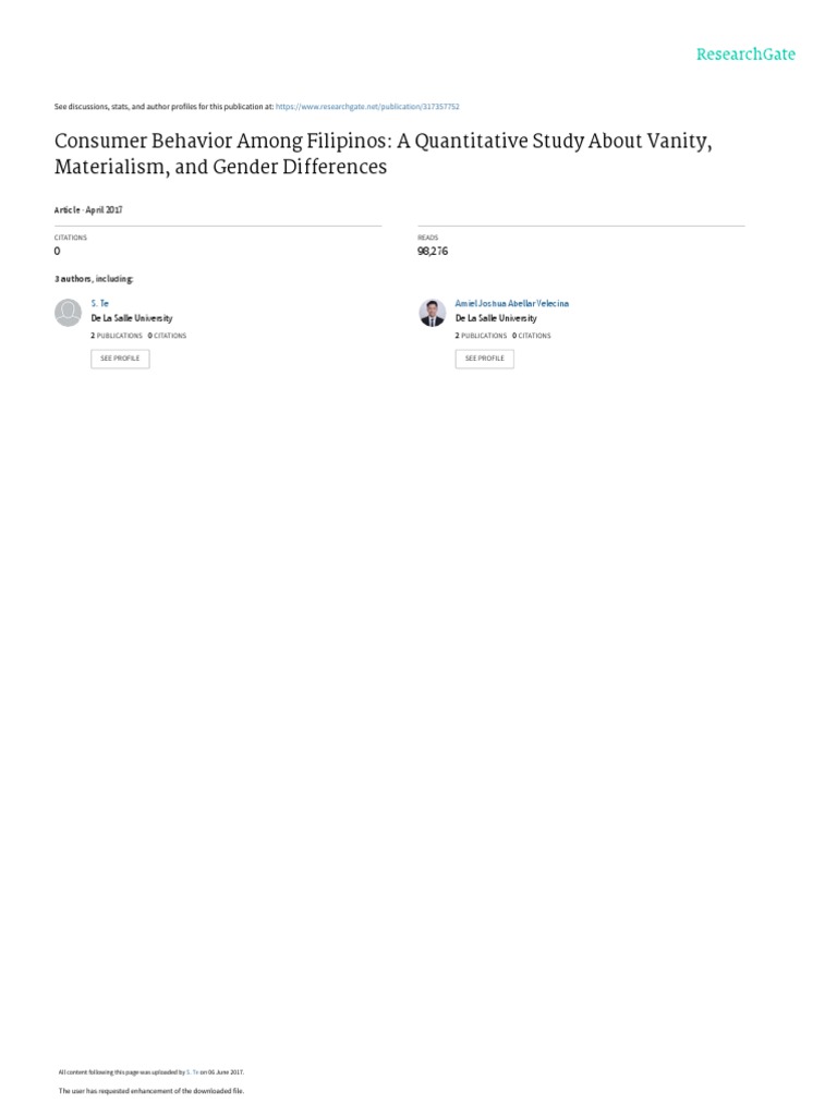 Consumer Behavior Among Filipinos: A Quantitative Study About Vanity ...