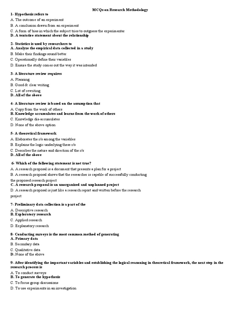More Than 2000 Solved MCQs On Research Methodology - 1 | PDF | Survey ...