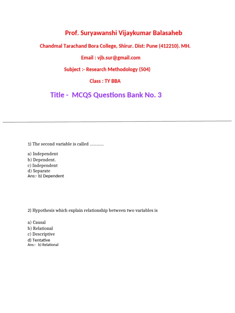 PDF MCQS Question Bank No. 3 For TY BBA Subject - Research Methodology ...