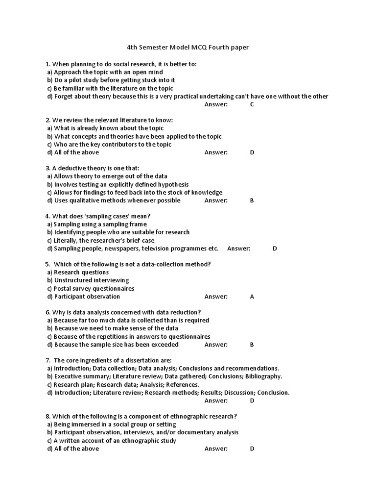 4th Semester Model MCQ Fourth Paper | PDF | Sampling (Statistics) | Qualitative Research