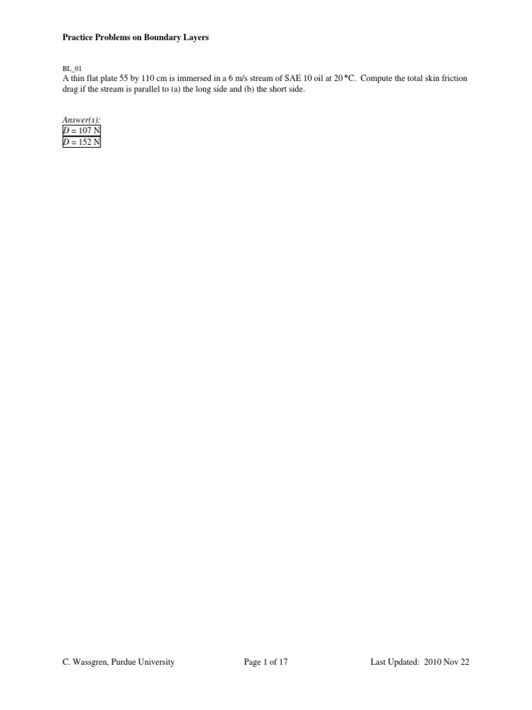 Answer(s) : D 107 N D 152 N: Practice Problems On Boundary Layers | PDF | Boundary Layer | Fluid ...