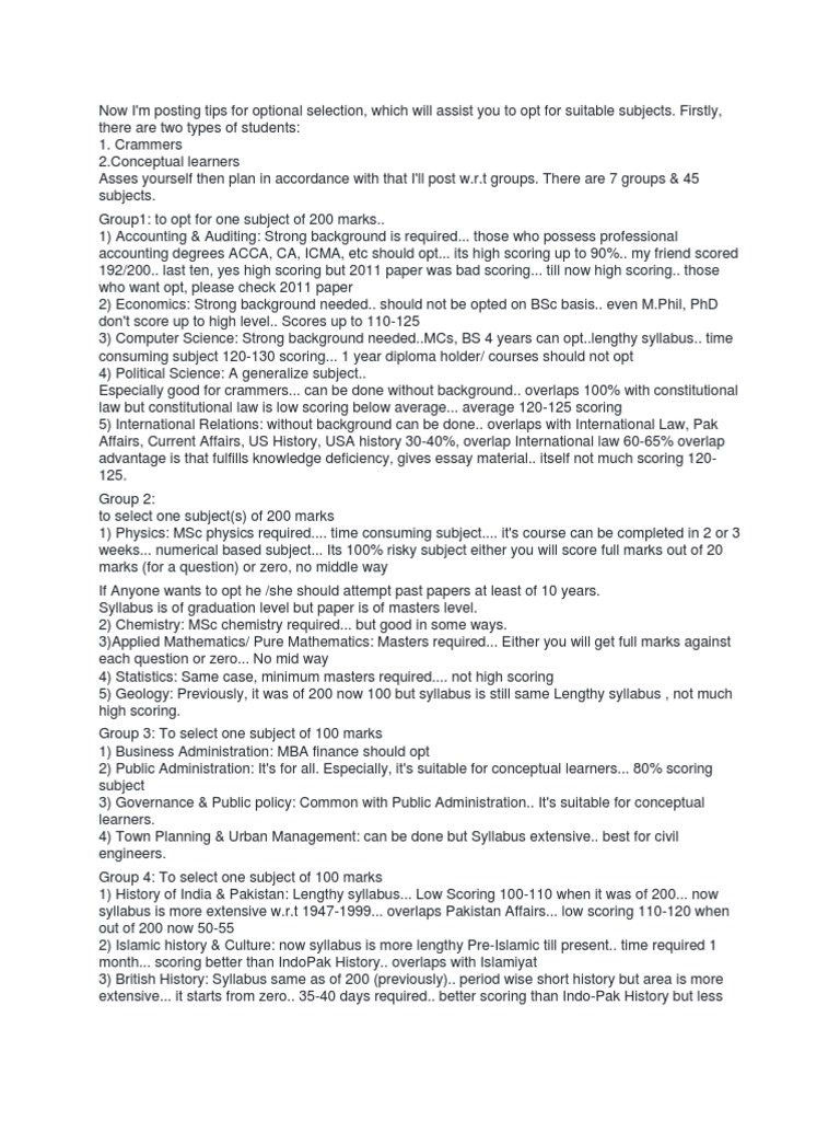 CSS Scoring Subjects Details | PDF | Bachelor Of Science | Master Of ...