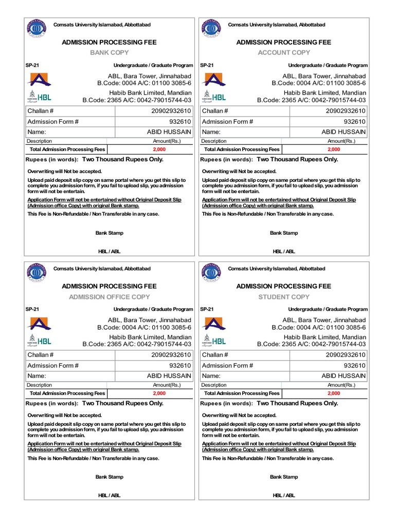 Bank Copy Account Copy: Admission Processing Fee Admission Processing Fee | PDF | Banking | Banks