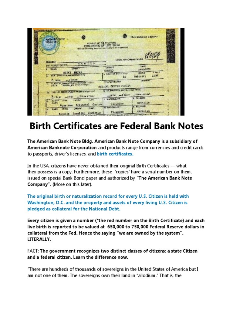 Birth Certificates Are Federal Bank Notes | PDF | Banknote | Citizenship