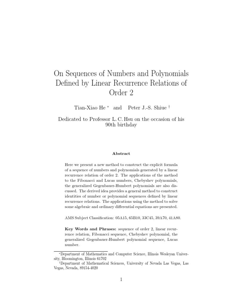 On Sequences of Numbers and Polynomials Defined by Linear Recurrence Relations of Order 2 ...