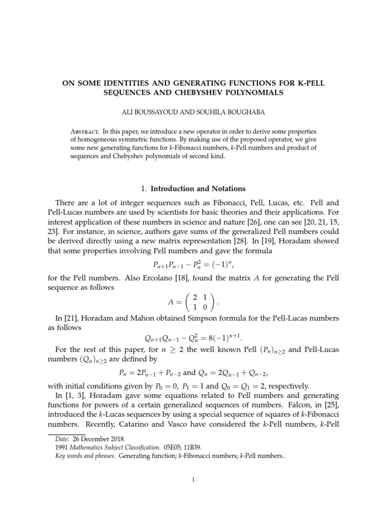 On Some Identities and Generating Functions For K-Pell Sequences and Chebyshev Polynomials | PDF ...