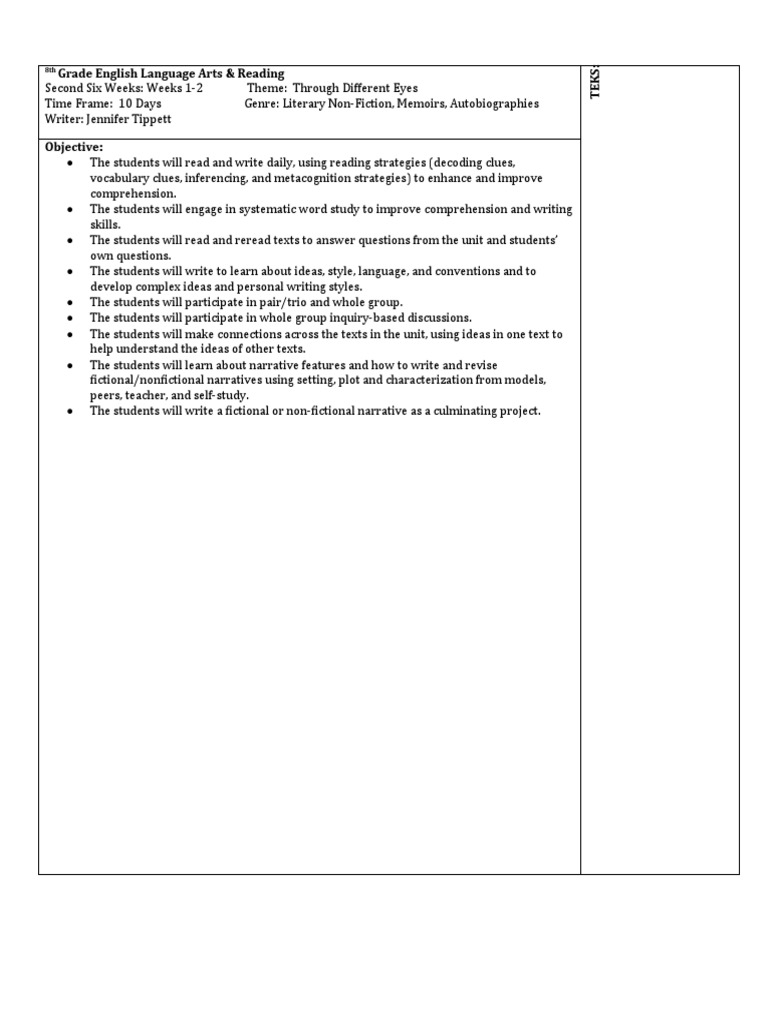 8th Grade ELA Memoirs Through Different Eyes | PDF | Reading ...