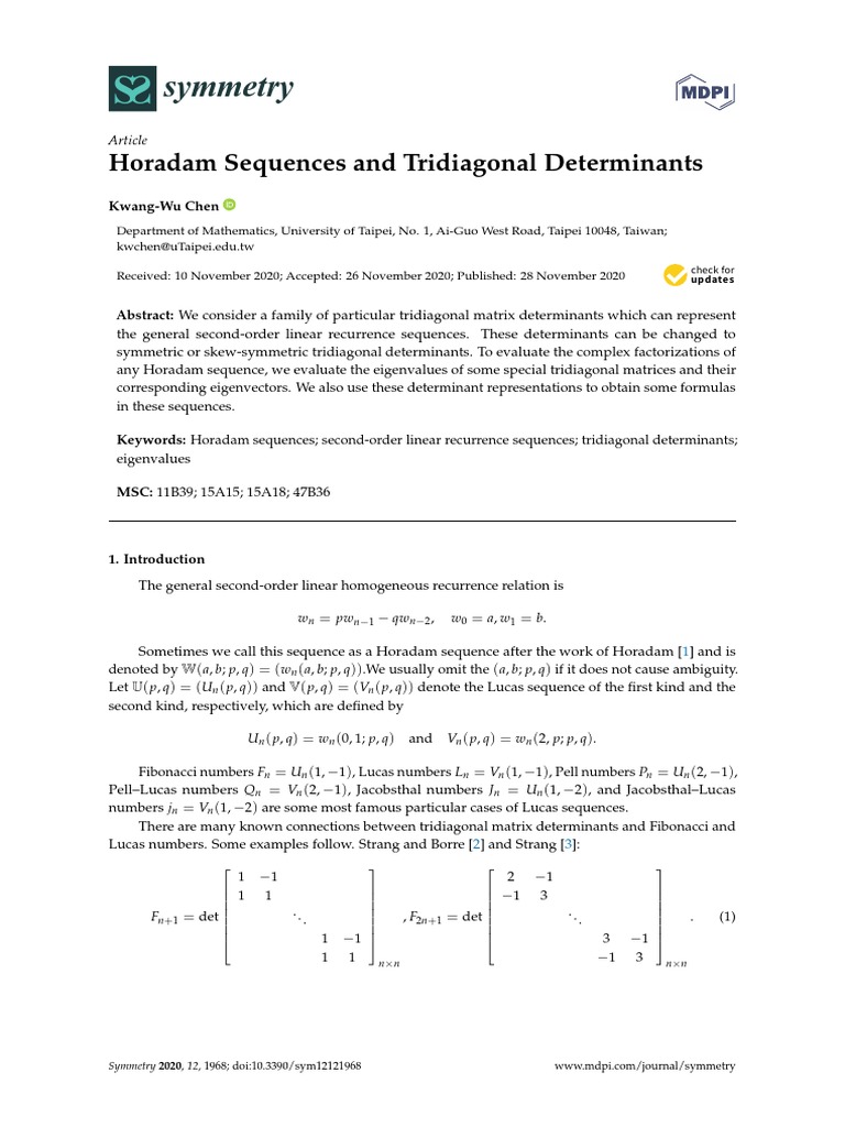 Symmetry: Horadam Sequences and Tridiagonal Determinants | PDF | Eigenvalues And Eigenvectors ...