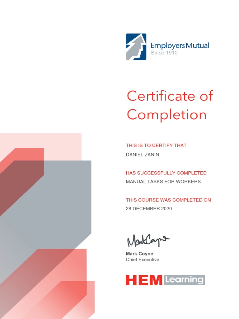 Manual Tasks For Workers Certificate PDF | PDF