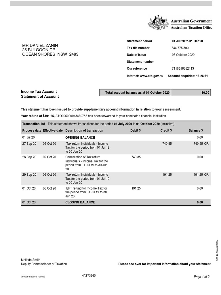 Income Tax Account Statement of Account: MR Daniel Zanin 25 Bulgoon CR ...