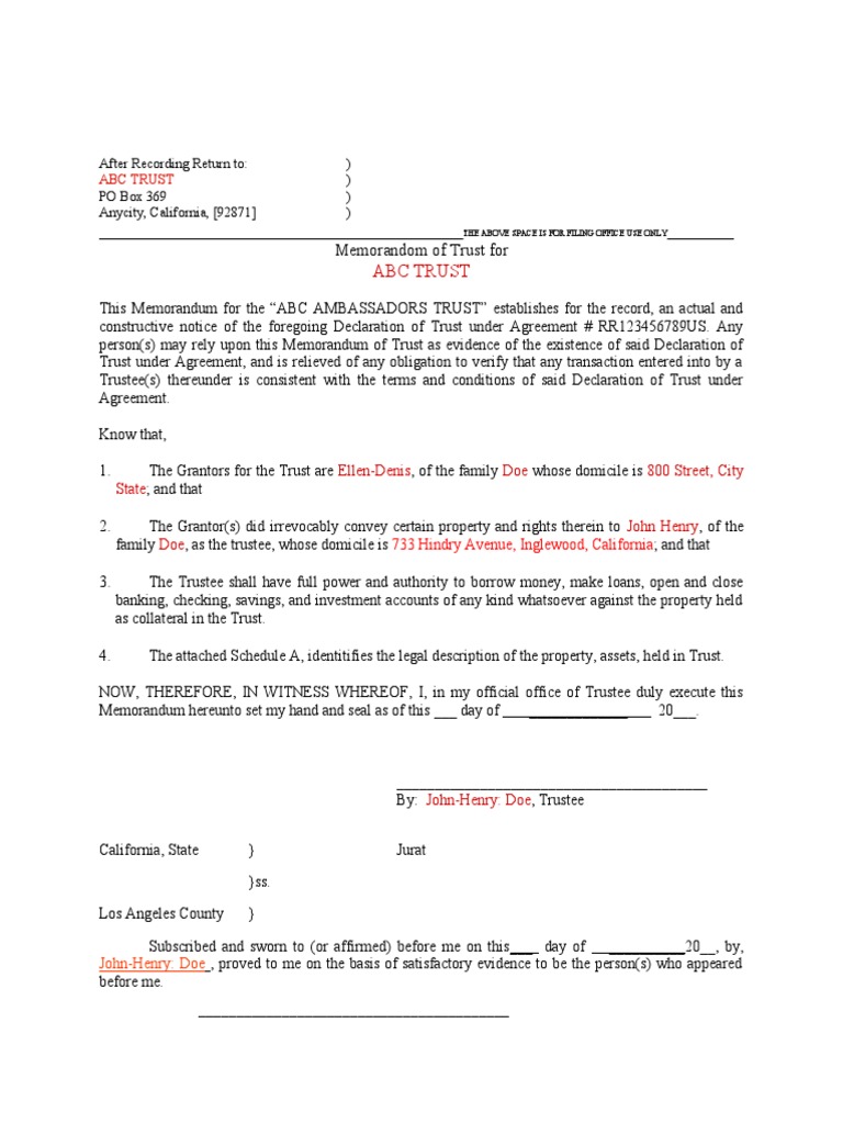 Memorandom of Trust For | PDF | Trust Law | Law And Economics