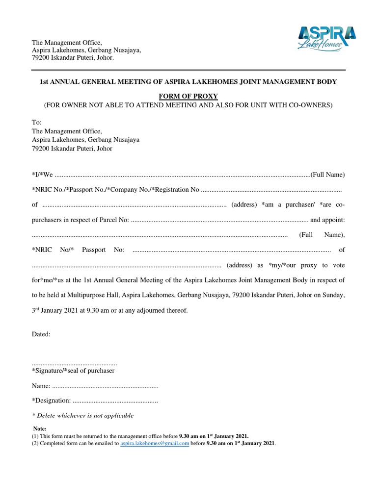 Proxy Form for Aspira Lakehomes AGM | PDF | Home & Garden