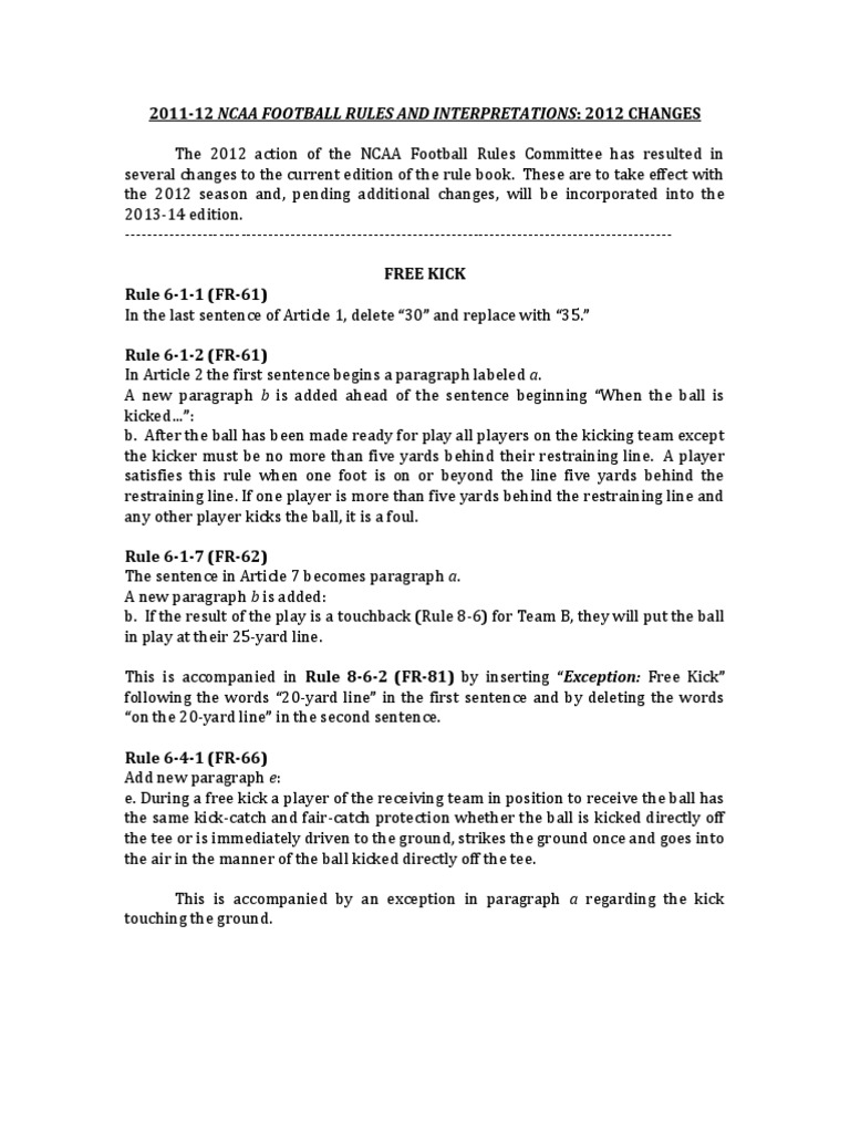 2012 NCAA Football Rule Changes | PDF | Gridiron Football | Teams