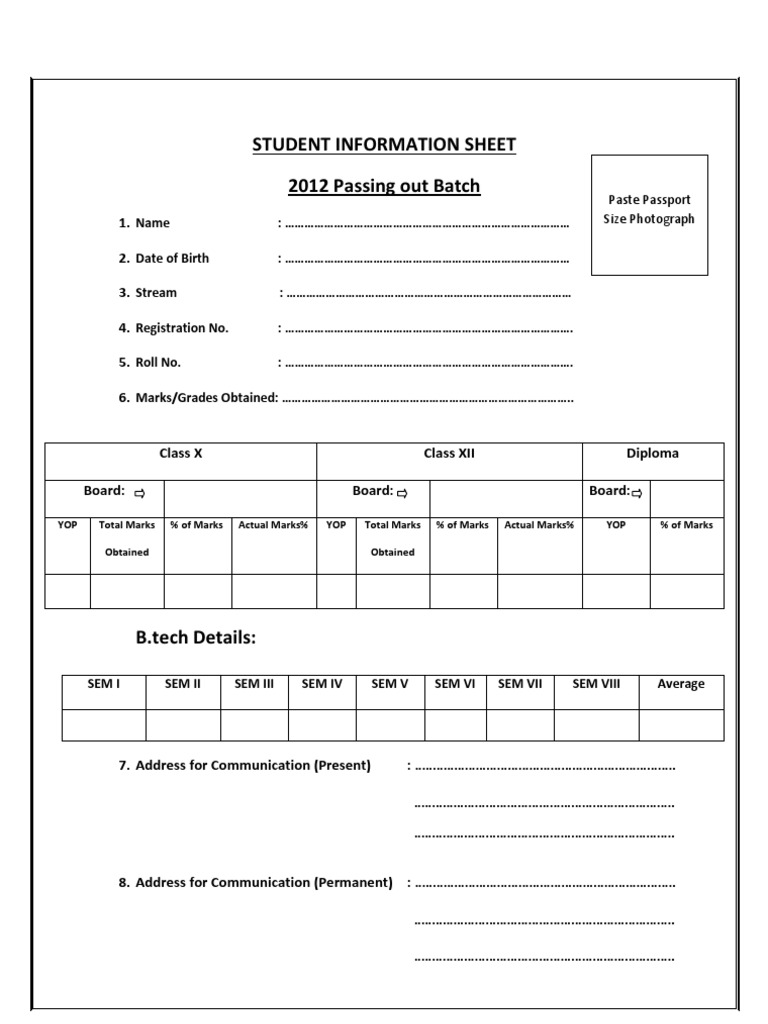 Student Information Sheet | PDF | Educational Stages | Qualifications