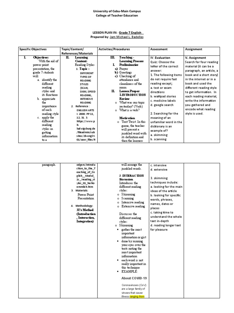 3i's Lesson Plan (Different Reading Styles) | PDF | Cognition | Wellness