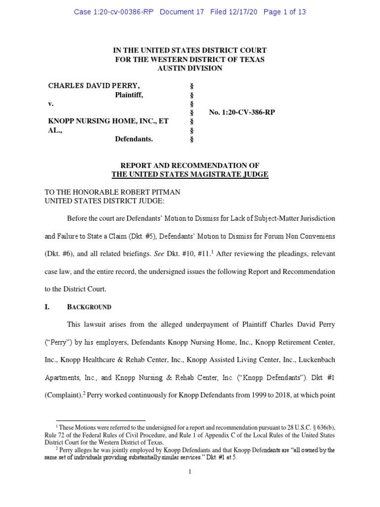 Charles David Perry v. Knopp Nursing Home, Inc. | PDF | Federal Rules ...