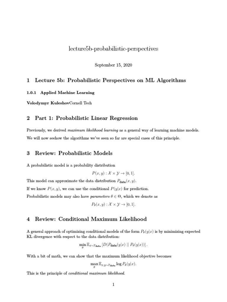 1 Lecture 5b: Probabilistic Perspectives On ML Algorithms | PDF | Normal Distribution | Ordinary ...