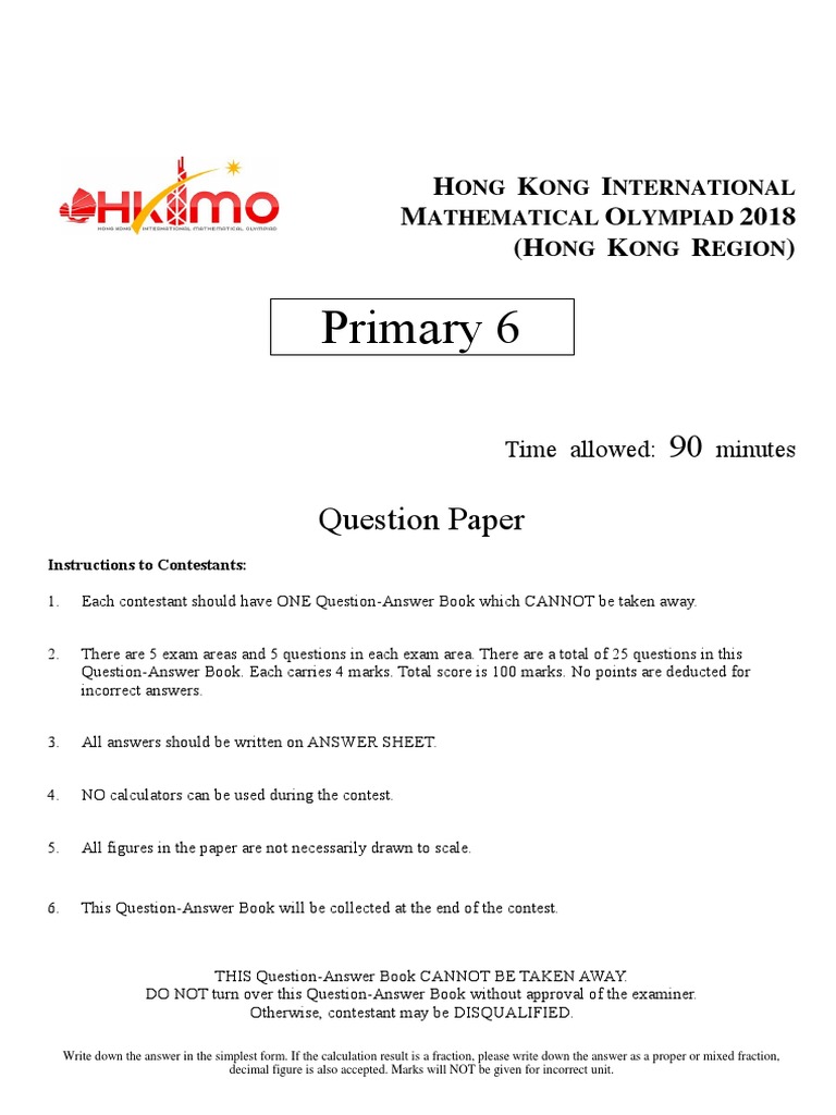 Primary 6 Hong Kong International Mathematical Olympiad 2018 (Hong Kong ...