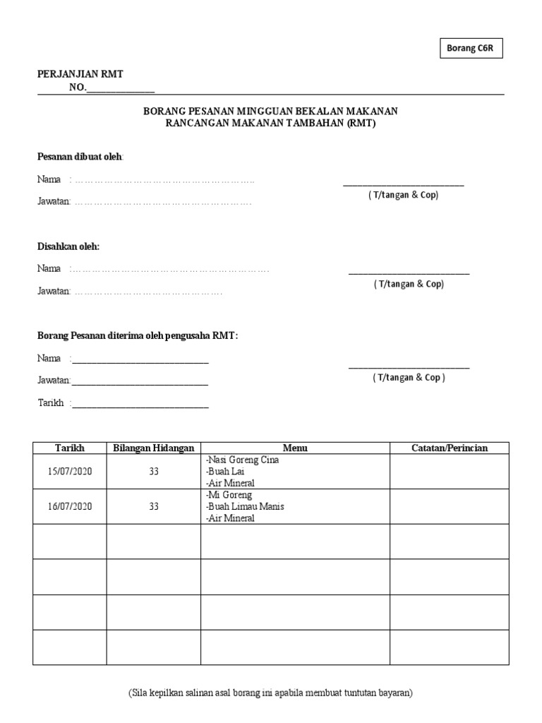 Borang Pesanan RMT C6R Mingguan | PDF