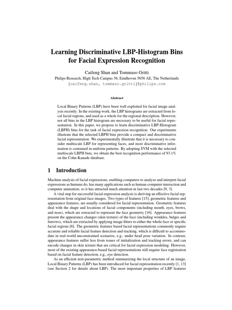 Learning Discriminative LBP-Histogram Bins For Facial Expression Recognition | PDF | Applied ...
