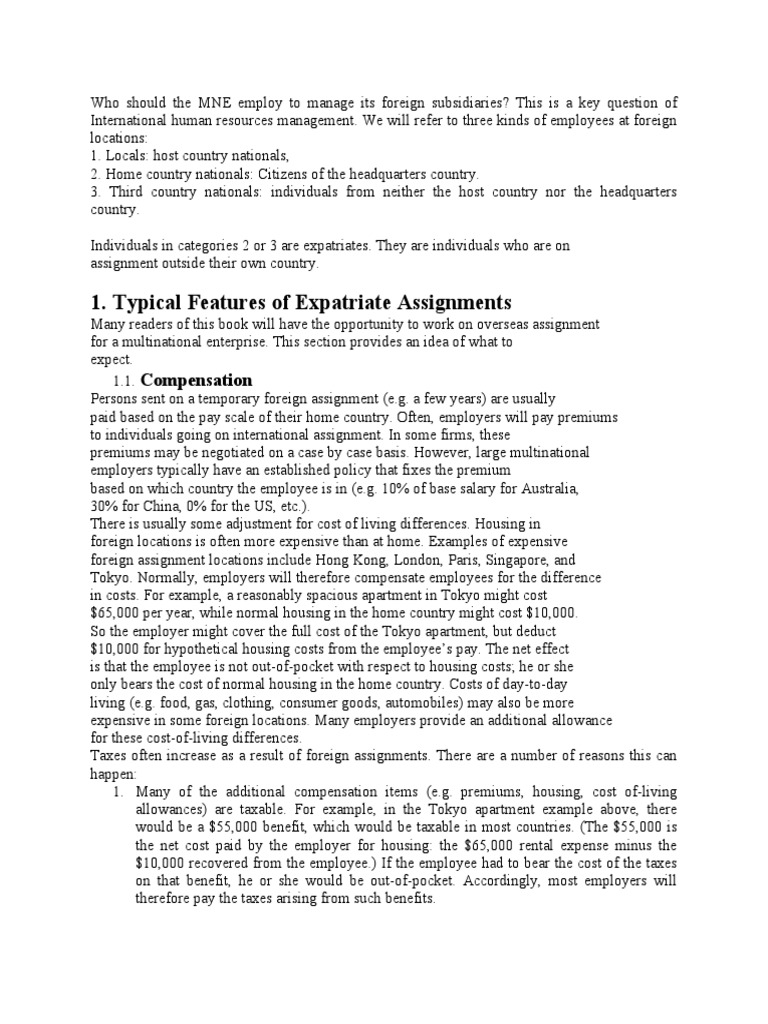 Typical Features of Expatriate Assignments: Compensation | PDF | Taxes ...