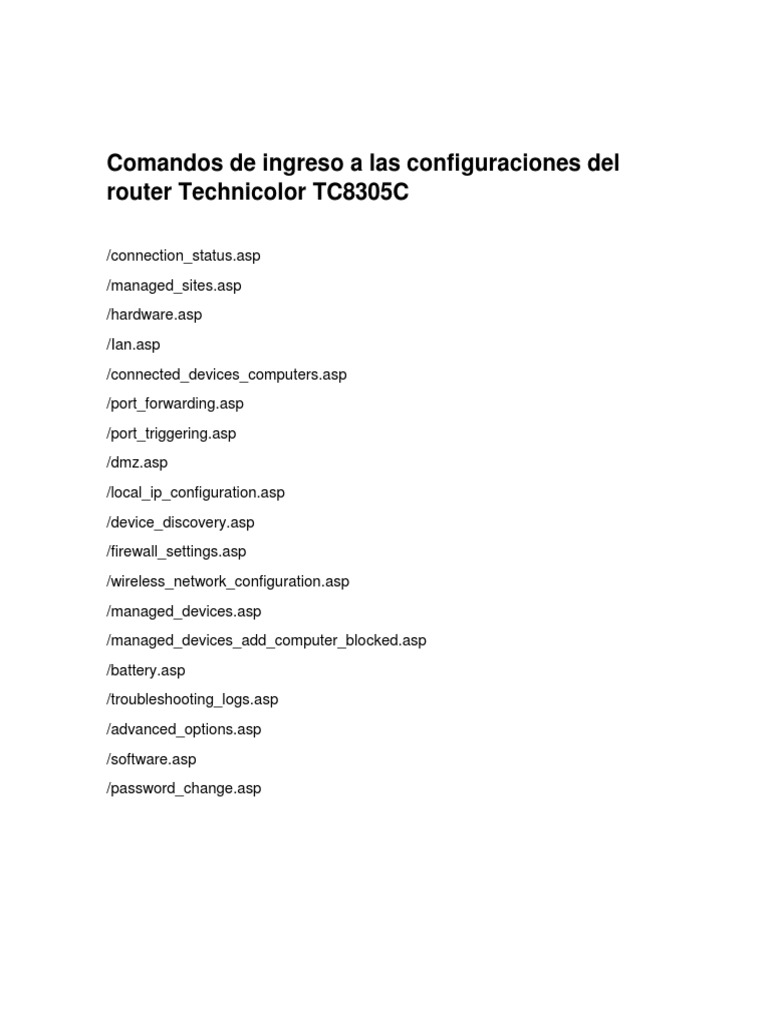 Comandos de acceso a configuración de router Technicolor TC8305C | PDF