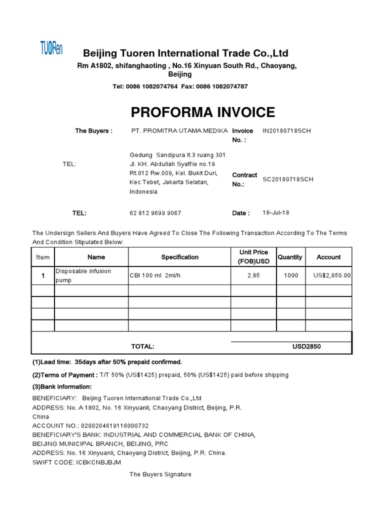 Proforma Invoice: Beijing Tuoren International Trade Co.,Ltd | PDF