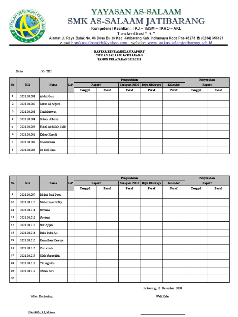 Daftar Pengambilan Raport SMK As-Salaam JTB | PDF