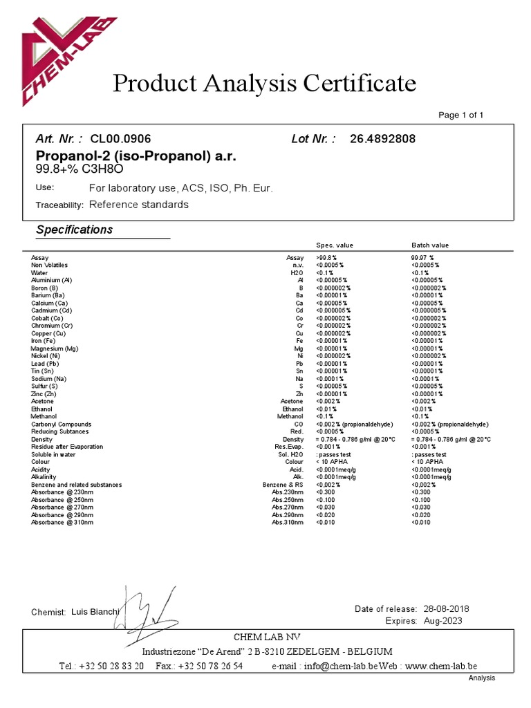 Product Analysis Certificate: Propanol-2 (Iso-Propanol) A.R | PDF ...