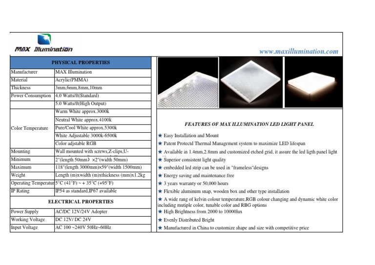 LED Light Panel Specification Sheet | PDF