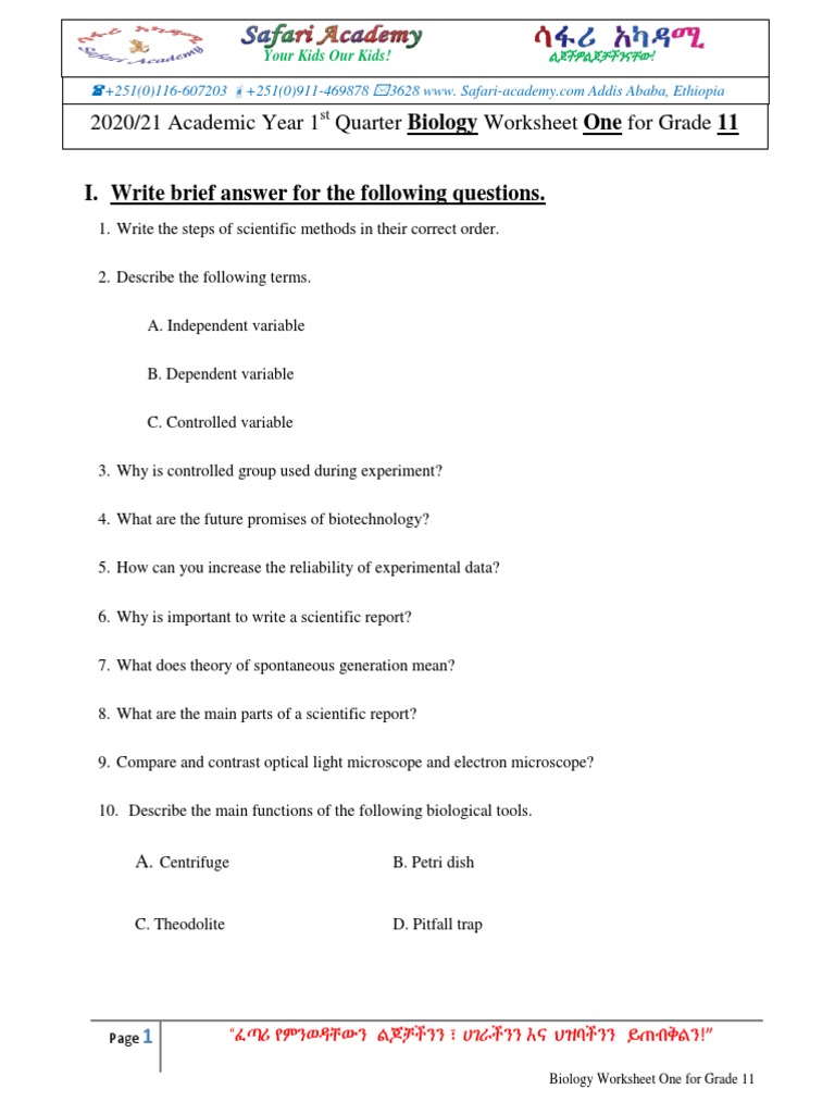 Life Science Worksheets Biology Worksheet One For Grade 11.dox PDF