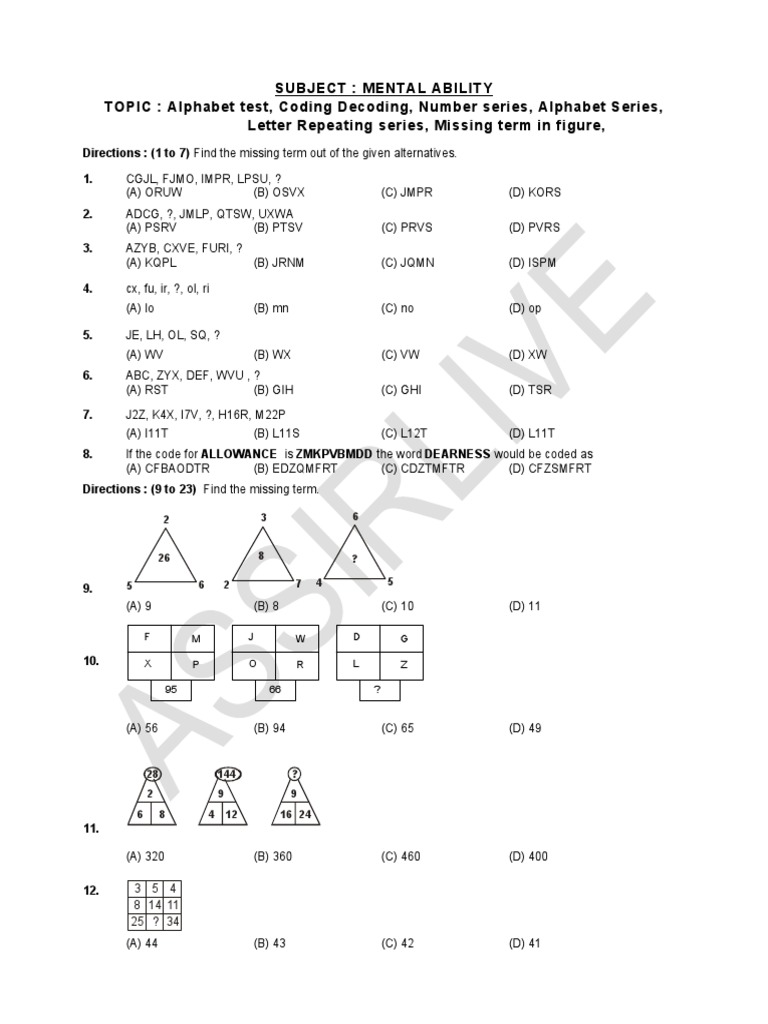 Subject: Mental Ability TOPIC: Alphabet Test, Coding Decoding, Number ...
