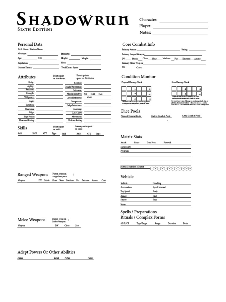 Shadowrun 6th Edition Character Sheet | PDF | Role Playing Games | Gaming