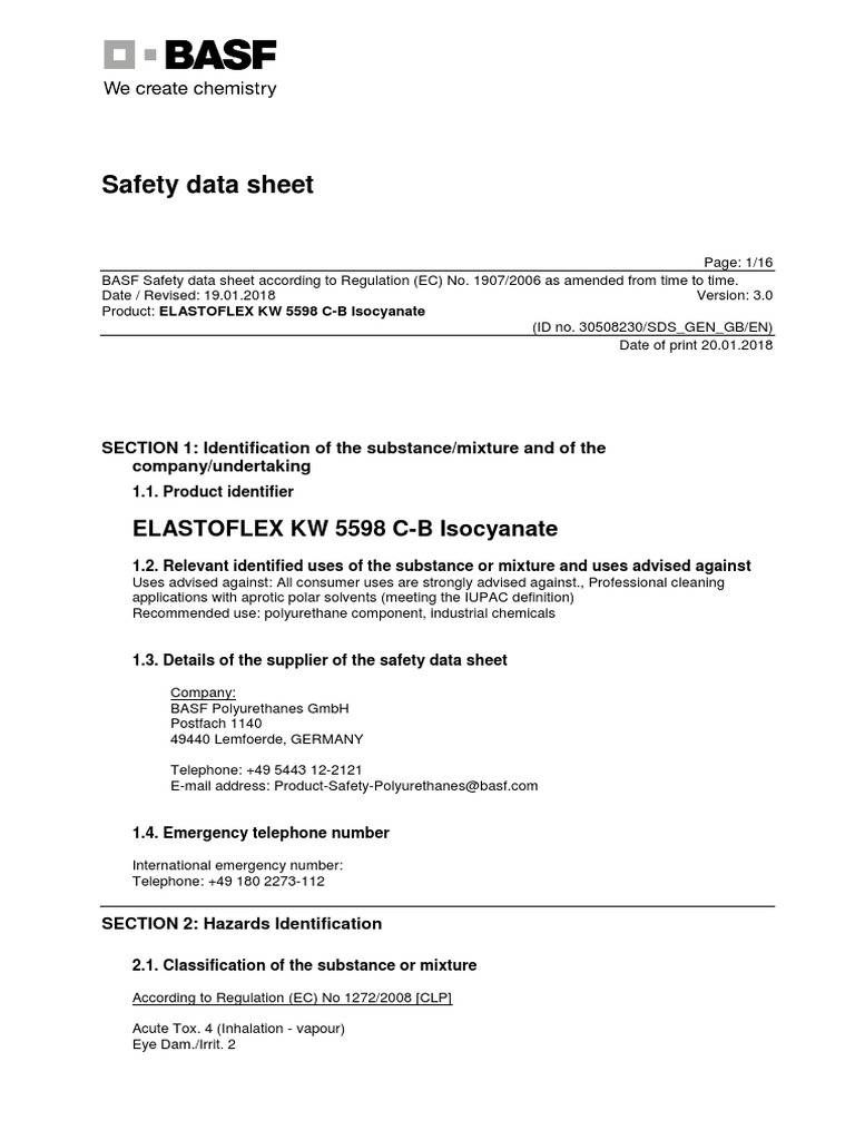 Safety Data Sheet: ELASTOFLEX KW 5598 C-B Isocyanate | PDF | Toxicity ...