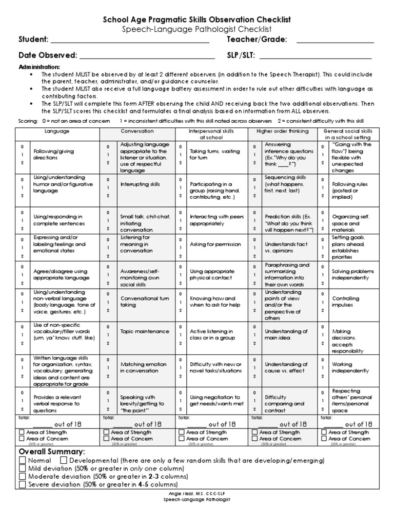School Age Pragmatic Skills Checklist | PDF | Conversation | Nonverbal ...