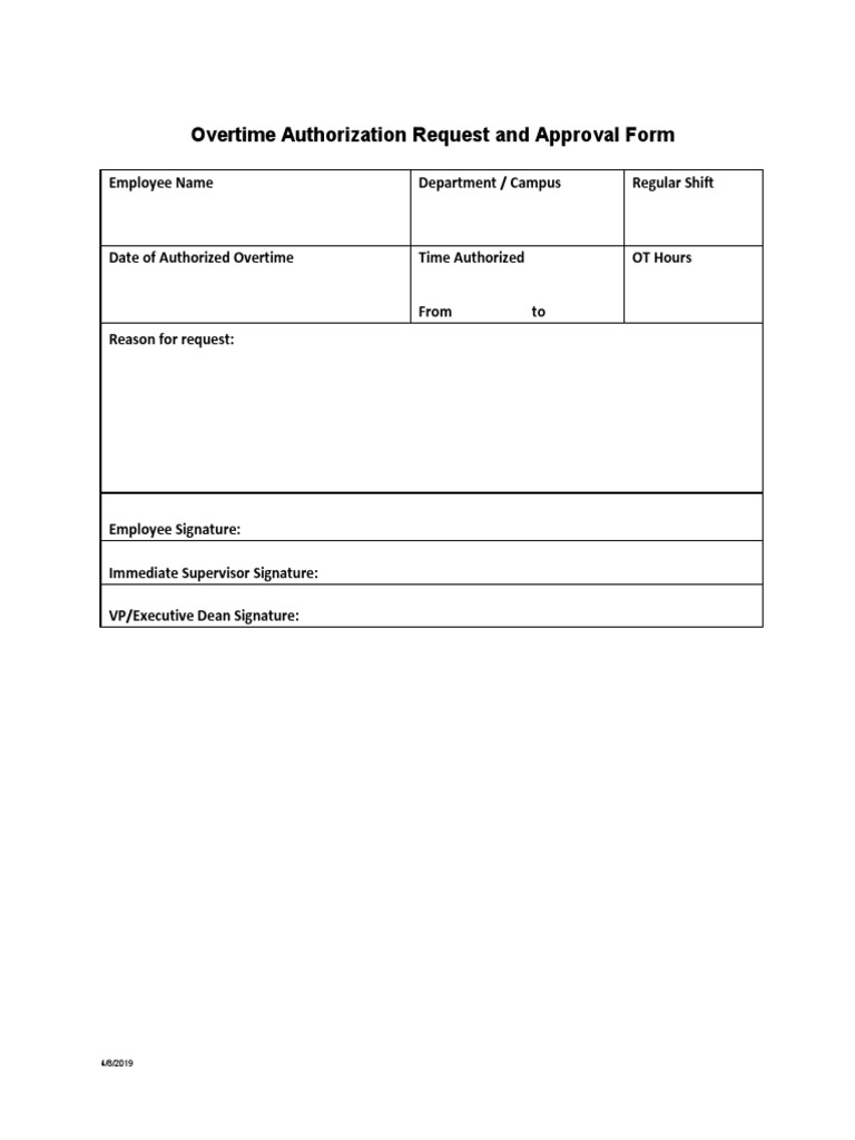 Overtime Authorization Request and Approval Form PDF | PDF