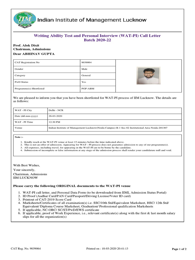 Writing Ability Test and Personal Interview (WAT-PI) Call Letter Batch ...