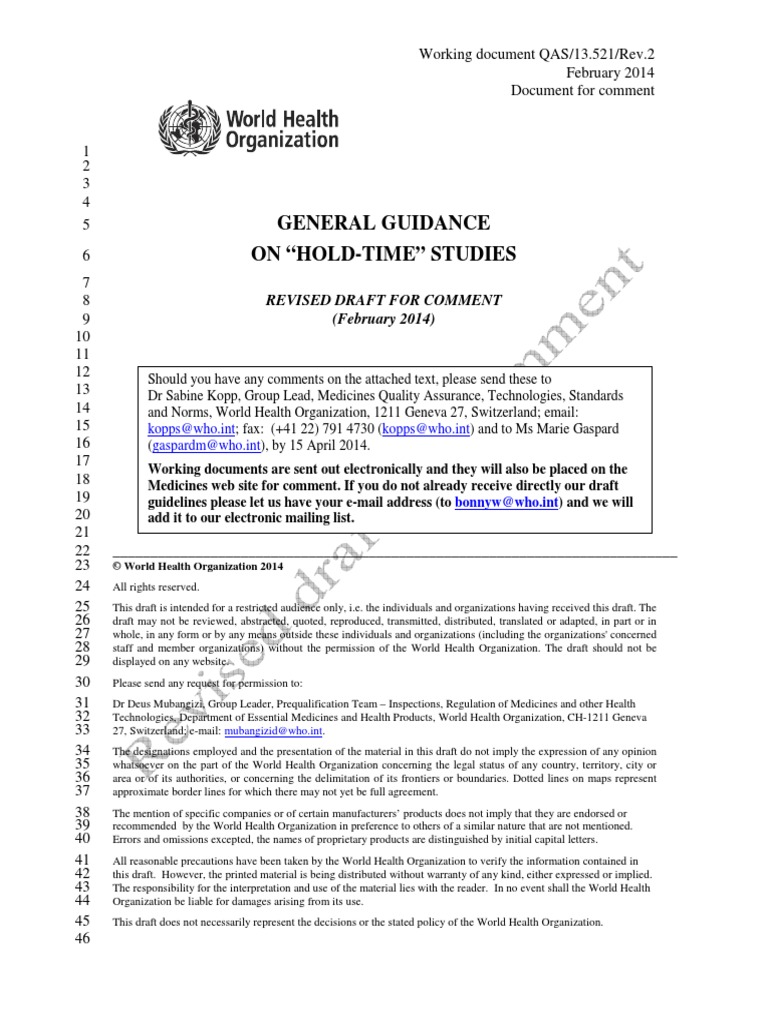 General Guidance On "Hold-Time" Studies: Revised Draft For Comment ...