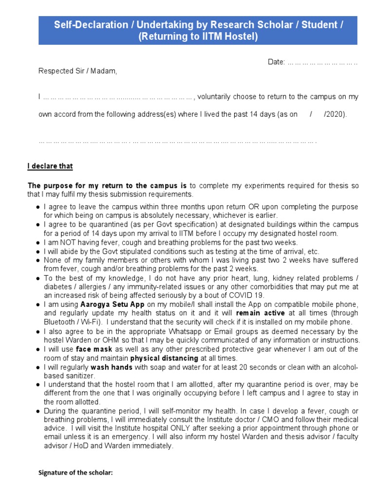 Self-Declaration / Undertaking by Research Scholar / Student ...