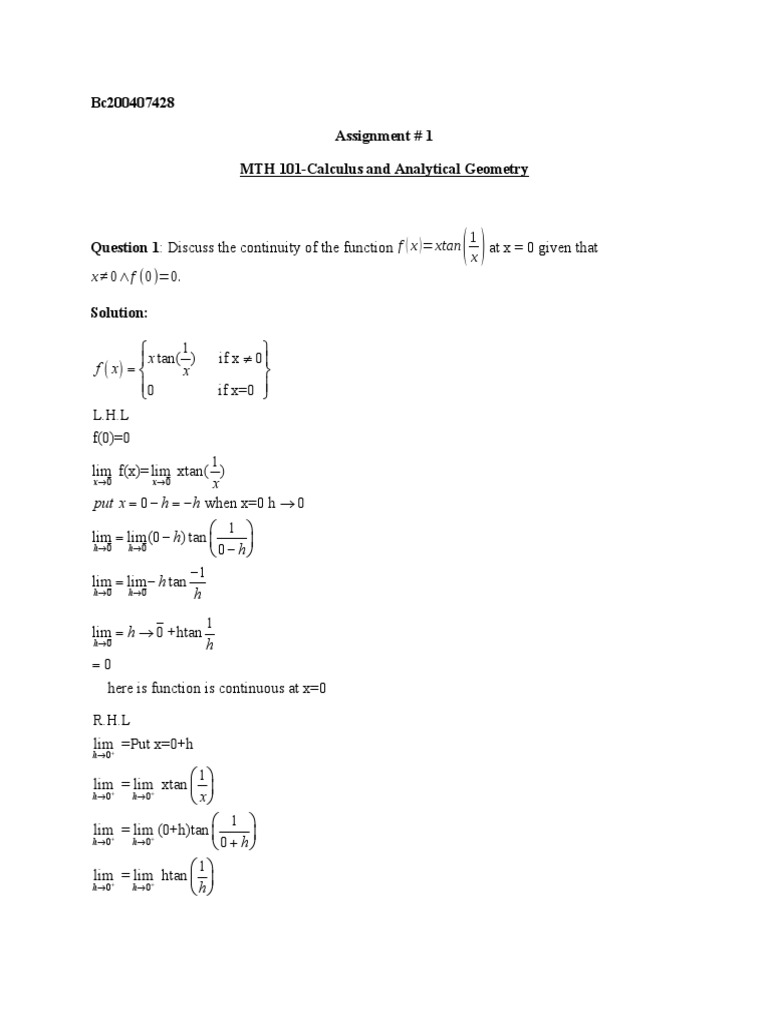 Bc200407428 Assignment # 1 MTH 101-Calculus and Analytical Geometry | PDF