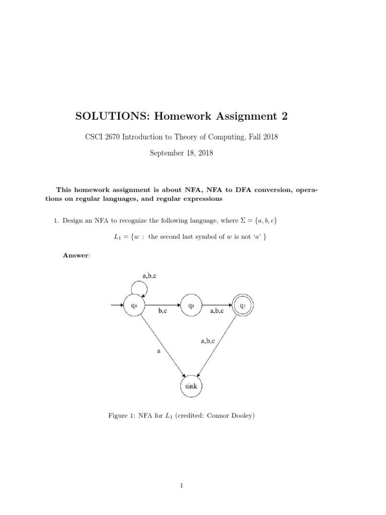 SOLUTIONS: Homework Assignment 2: CSCI 2670 Introduction To Theory of Computing, Fall 2018 ...