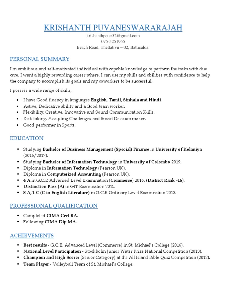 Krishanth Puvaneswararajah: Personal Summary | PDF