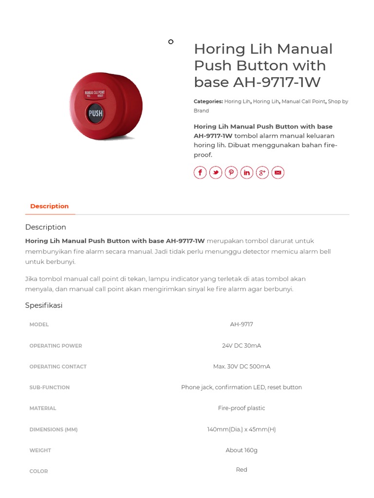 Horing Lih Manual Push Button With Base AH-9717-1W Spesifikasi | PDF
