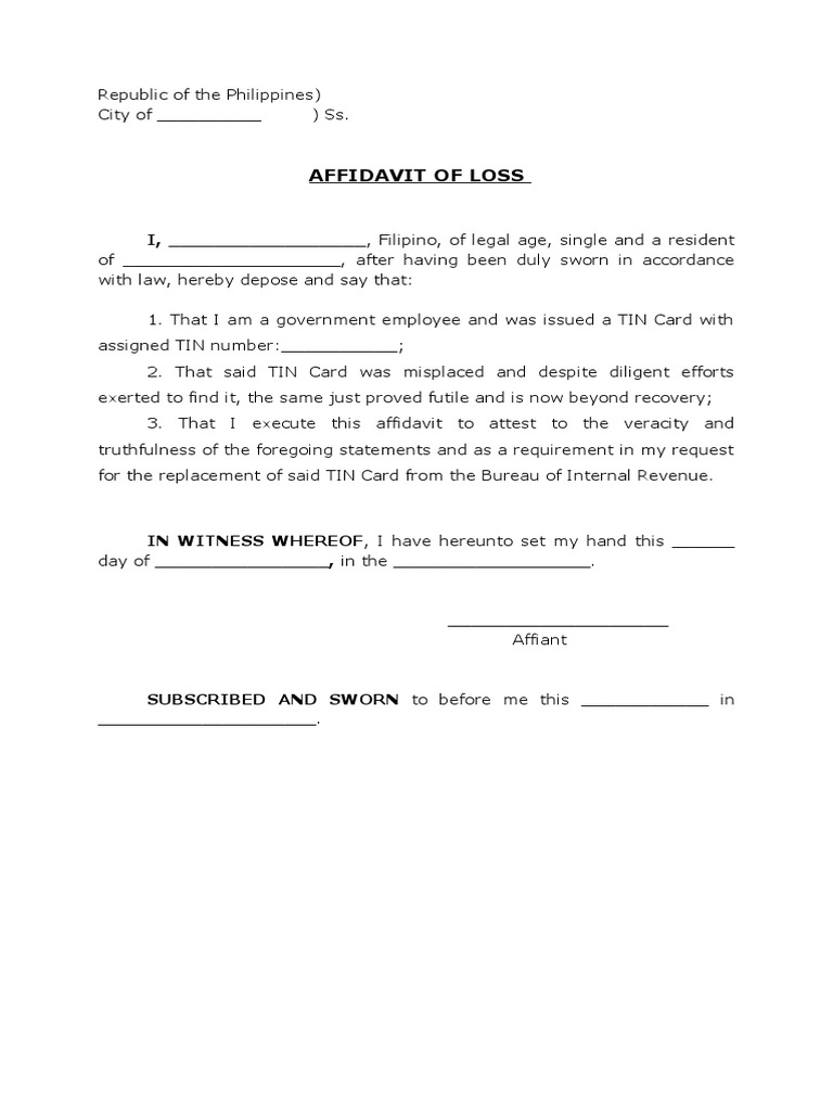 Affidavit of Loss - Tin | PDF | Finance & Money Management | Social Science