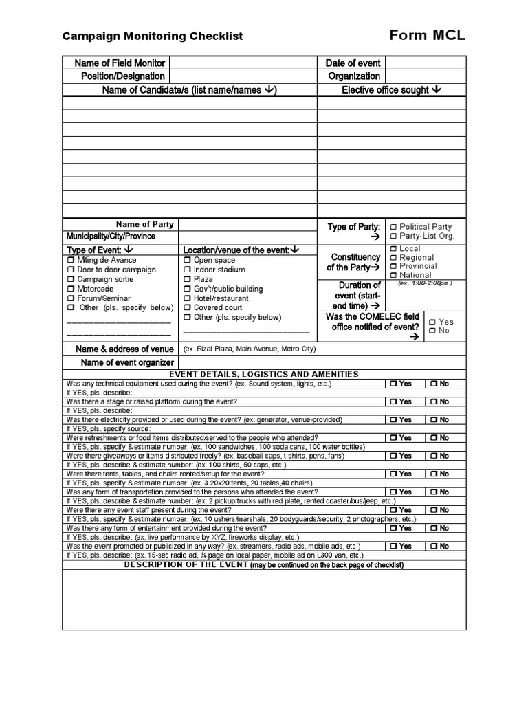 Form MCL: Campaign Monitoring Checklist | PDF | Affidavit | Government