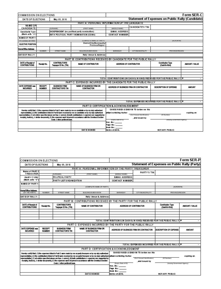Form SER-C: Statement of Expenses On Public Rally (Candidate) | PDF ...