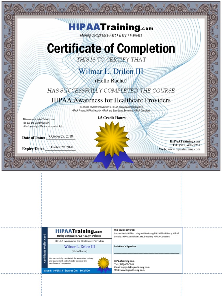 Certificate of Completion: Hipaa | PDF | Health Insurance Portability ...