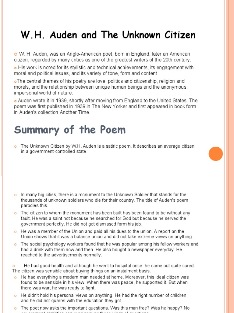 W.H. Auden and The Unknown Citizen: Summary of The Poem | PDF