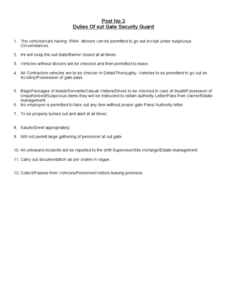Post No.3 Duties of Out Gate Security Guard | Download Free PDF ...