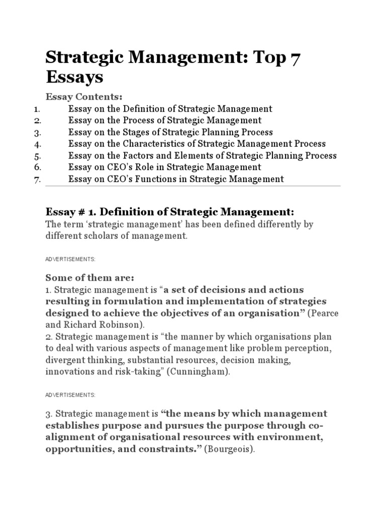 Strategic Management Essays Overview | PDF | Strategic Management | Goal